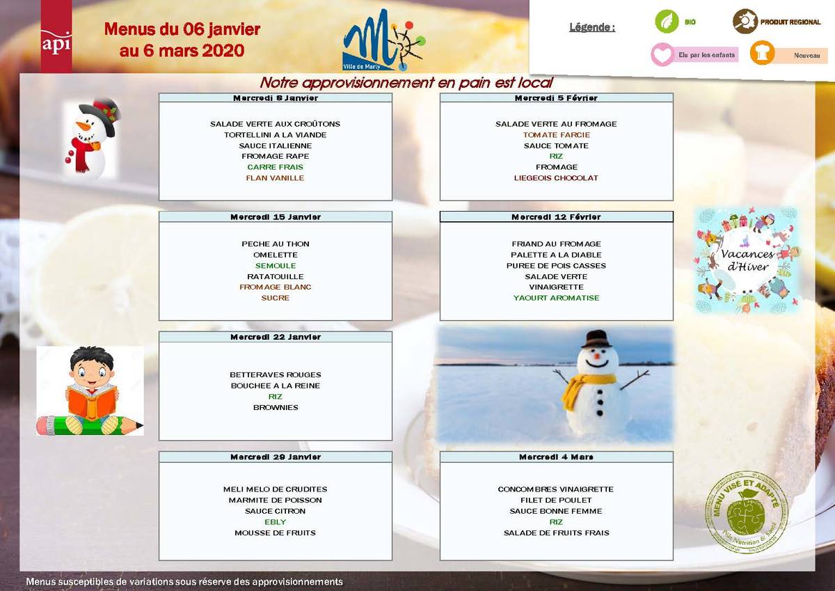 Menus de la cantine