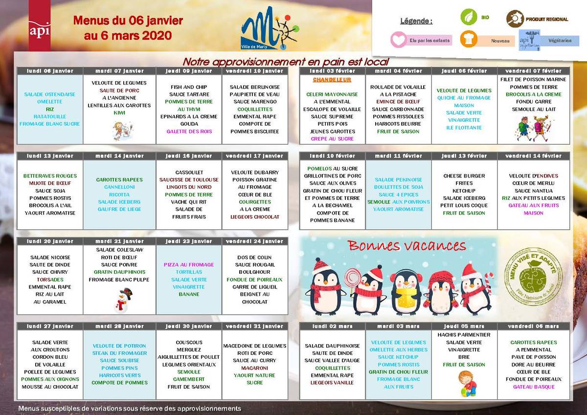 Menus de la cantine
